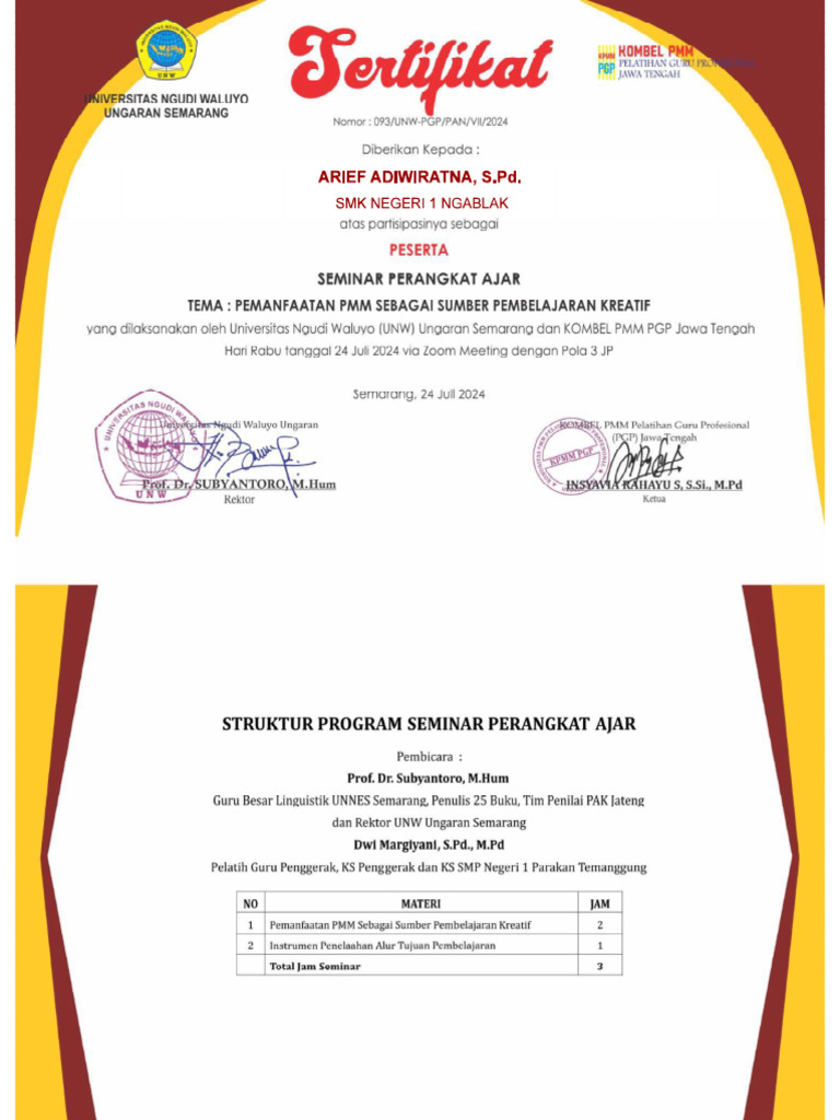Sert Seminar Perangkat Ajar_Arief Adiwiratna, S.Pd | PDF