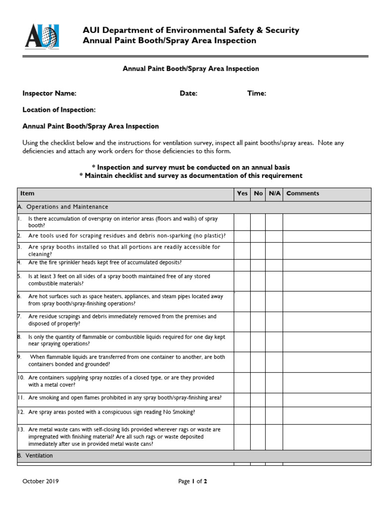 Annual Paint Booth Inspection Checklist | PDF | Ventilation ...