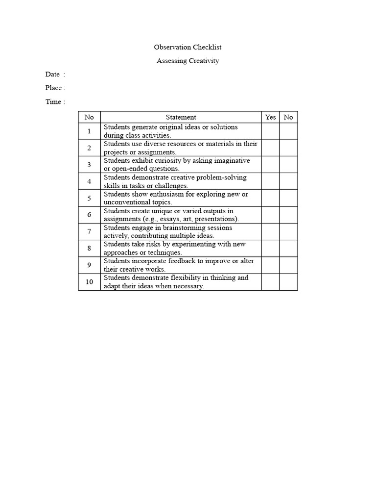 Creativity Observation Checklist | PDF