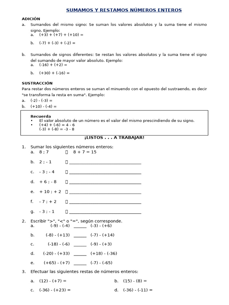 Reforz-Mat-Sumamos y Restamos Números Enteros | PDF | Sustracción | Aritmética
