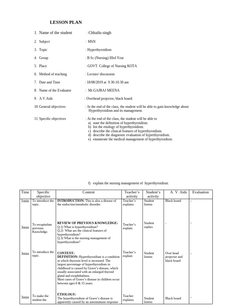 LESSON PLAN On Hyperthyroidism | PDF | Thyroid | Hyperthyroidism