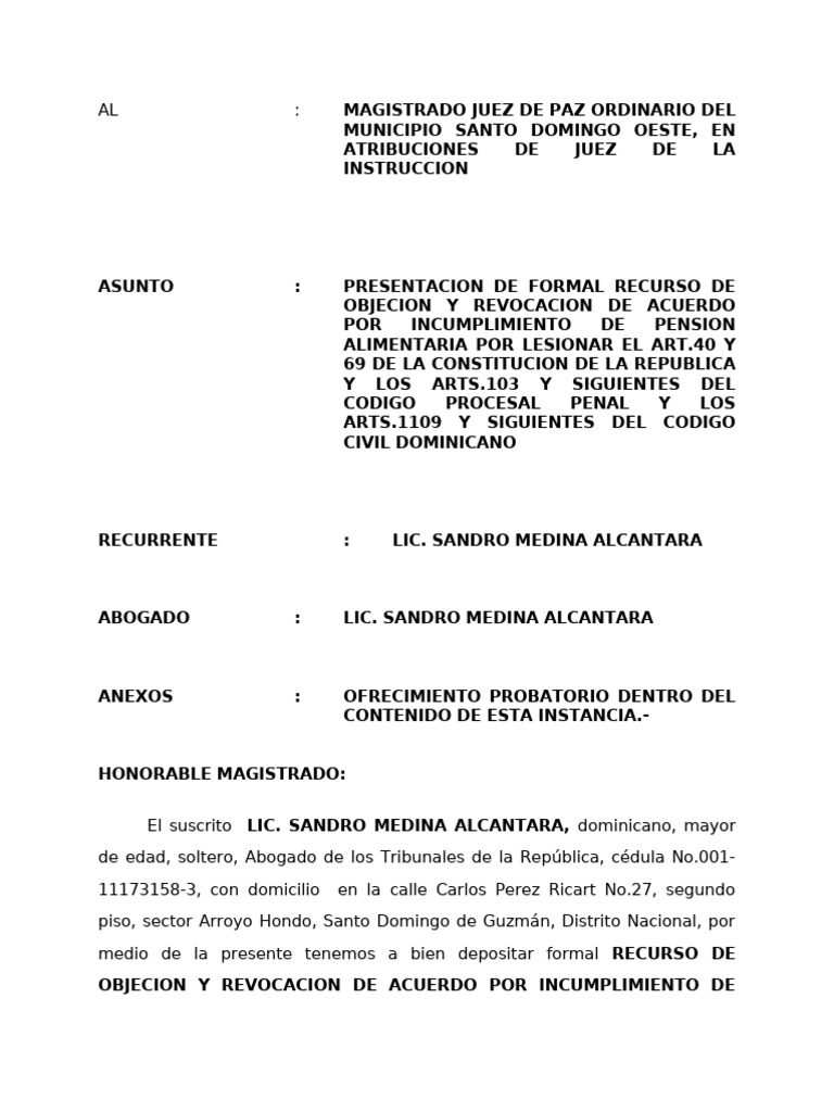 Recurso de Objecion de Acuerdo Penal - Sandro Medina | PDF | Sentencia ...