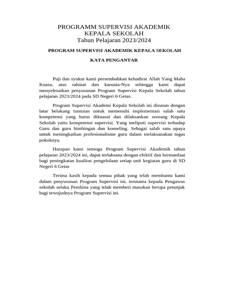 Program Supervisi Akademik KS Tahun Pelajaran 2023-2024 | PDF