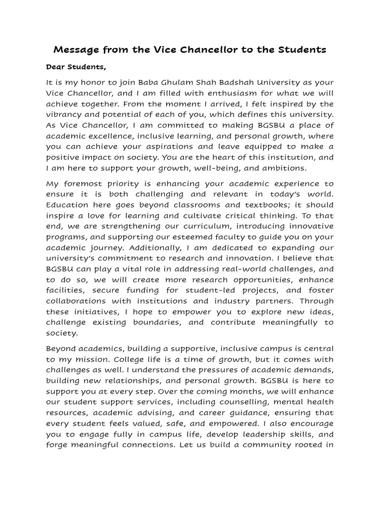 Vice Chancellor's Welcome Message to BGSBU Students | PDF | Personal ...