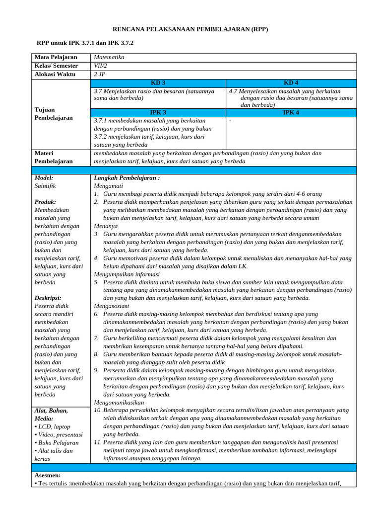 1 RPP MTK 7 Baru Perbandingan 1 - WWW - Kherysuryawan.id | PDF | Metode & Bahan Ajar