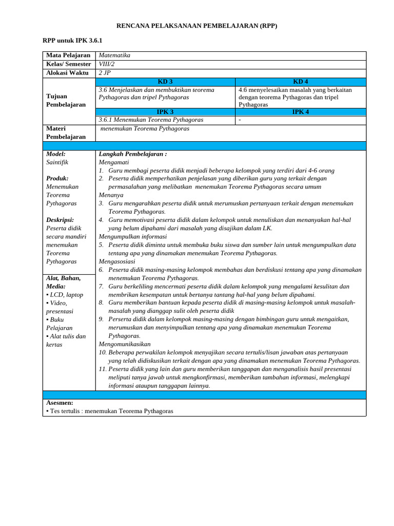 1 RPP MTK 8 Baru Teorema Pythagoras - WWW - Kherysuryawan.id | PDF