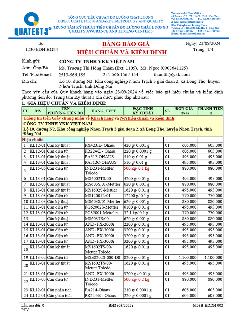 Báo giá hiệu chuẩn cân 2024-23092024 | PDF