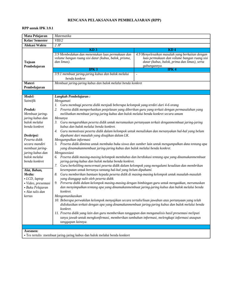 3 RPP MTK 8 Baru BRSD - WWW - Kherysuryawan.id | PDF | Seni | Sains & Matematika