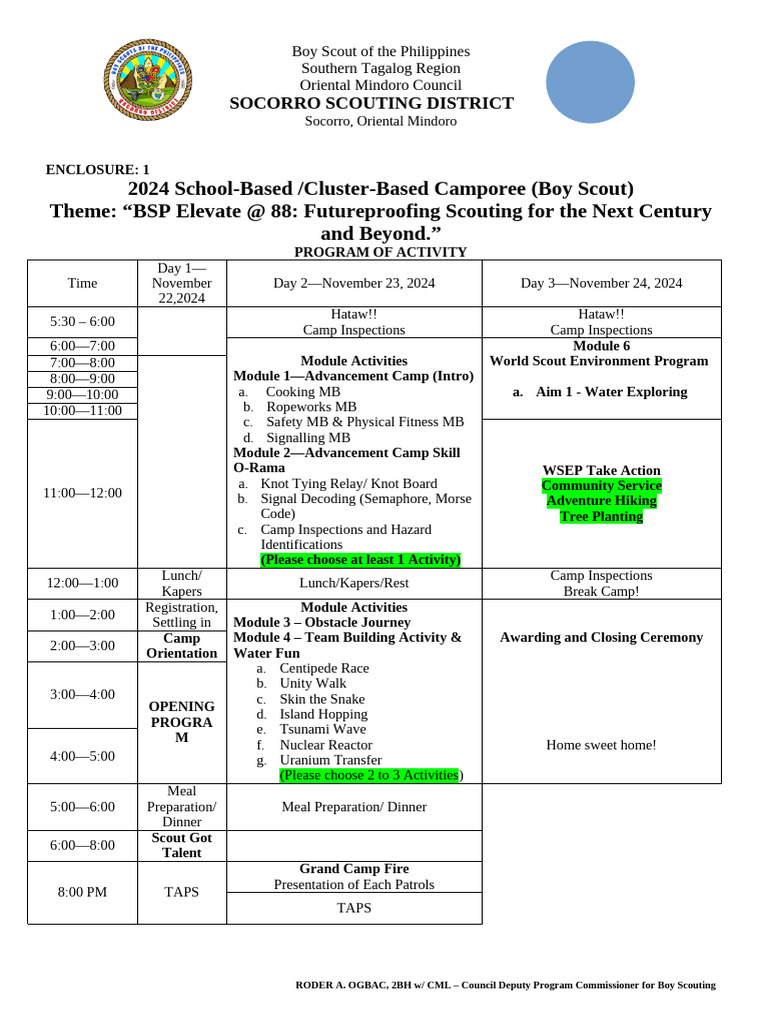 2024 District BSP School Based - Cluster Based Advancement Camp ...
