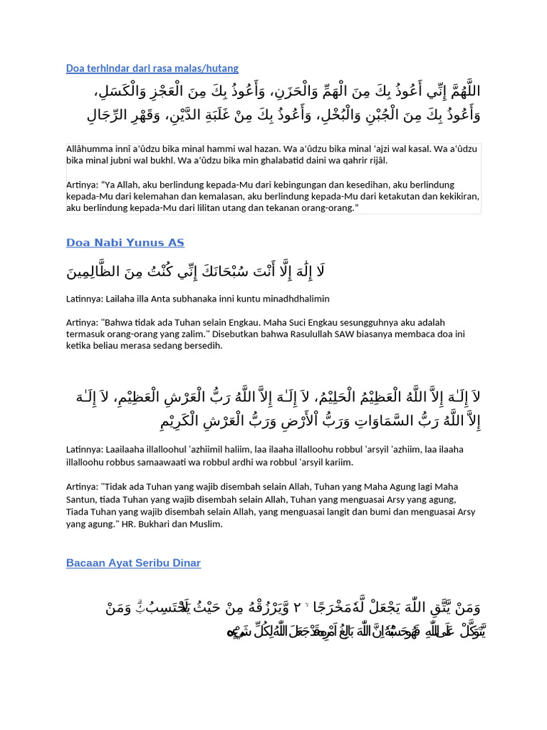 Doa DARI RASA MALAS, DOA NABI YUNUS, DLL | PDF