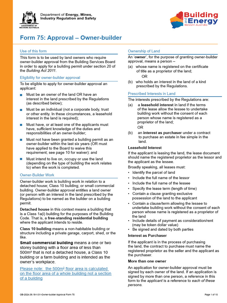 Form 75 Owner-Builder Approval 0 | PDF | Lease | Leasehold Estate
