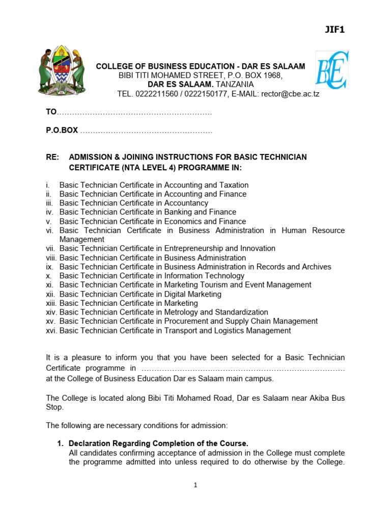 Cbe Joining Instructions For Certificate Sept Intake 2024-2025 Nta 4 (Jif1) | PDF | Skirt | Dress