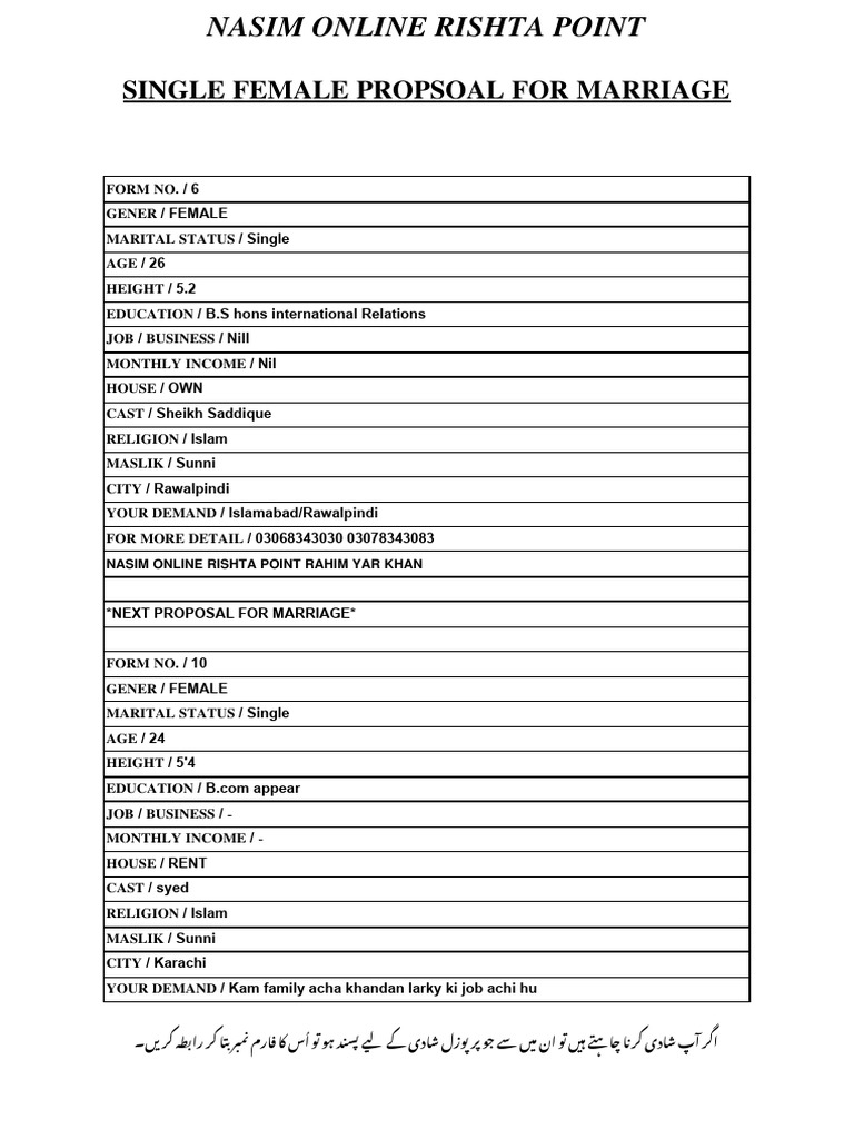 Single Female Proposal For Marriage | PDF