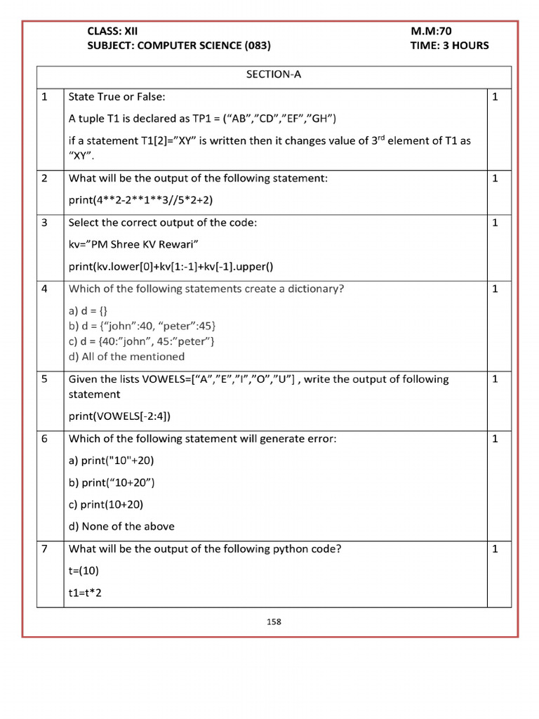 Class 12 CS Practice Paper 2024-25 | PDF