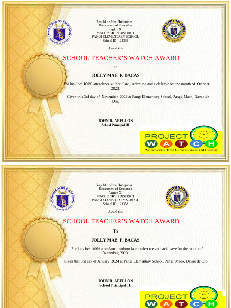 Teacher's Watch Award for Perfect Attendance | PDF