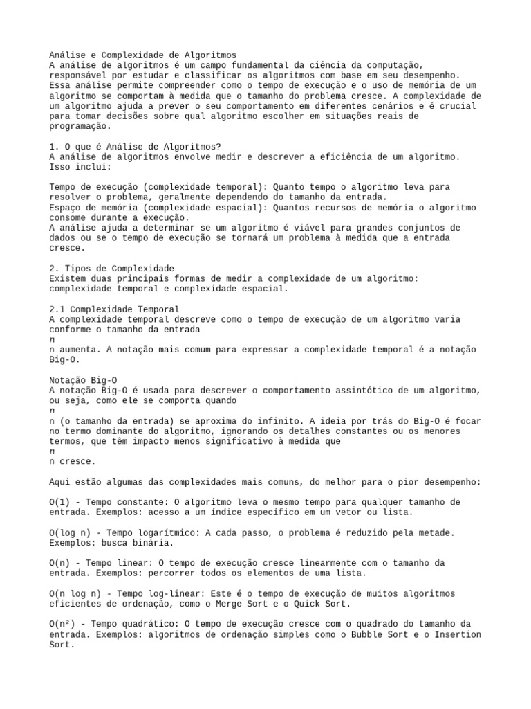 Análise e Complexidade de Algoritmo | PDF | Algoritmos | Complexidade ...
