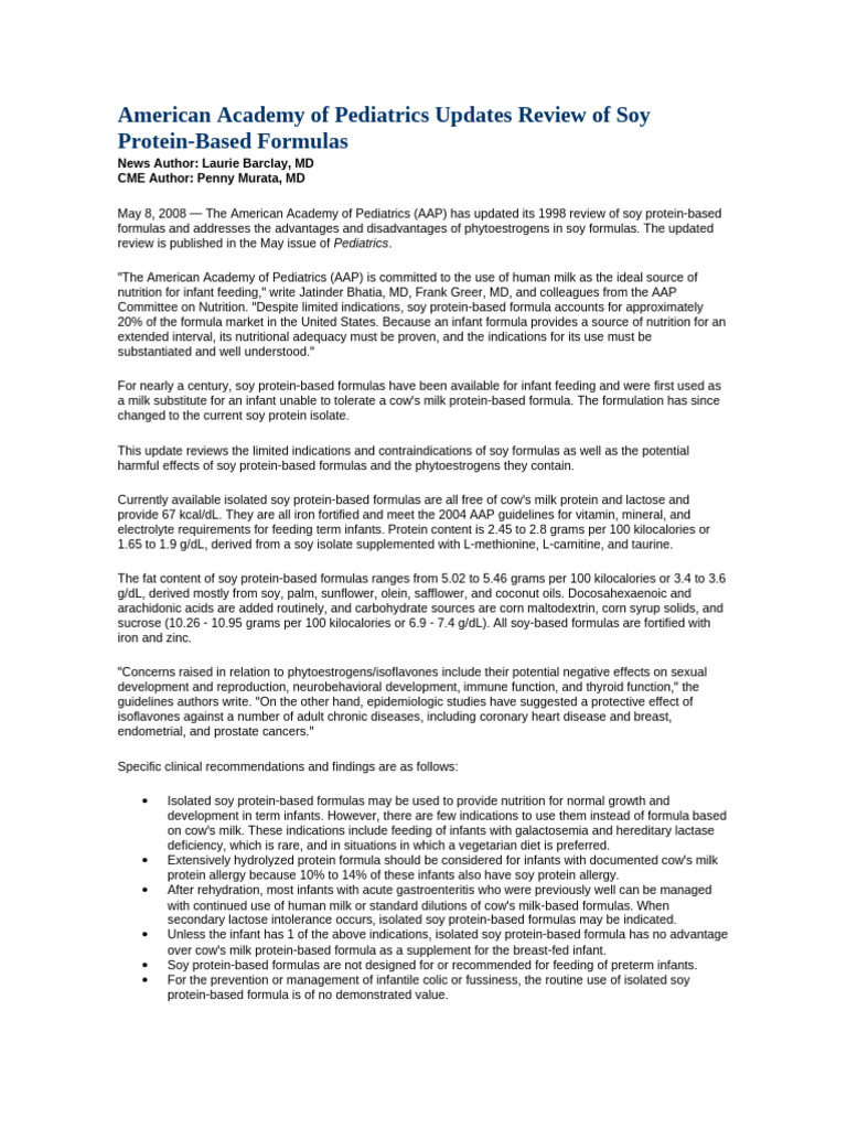 American Academy of Pediatrics Updates Review of Soy Protein | PDF ...