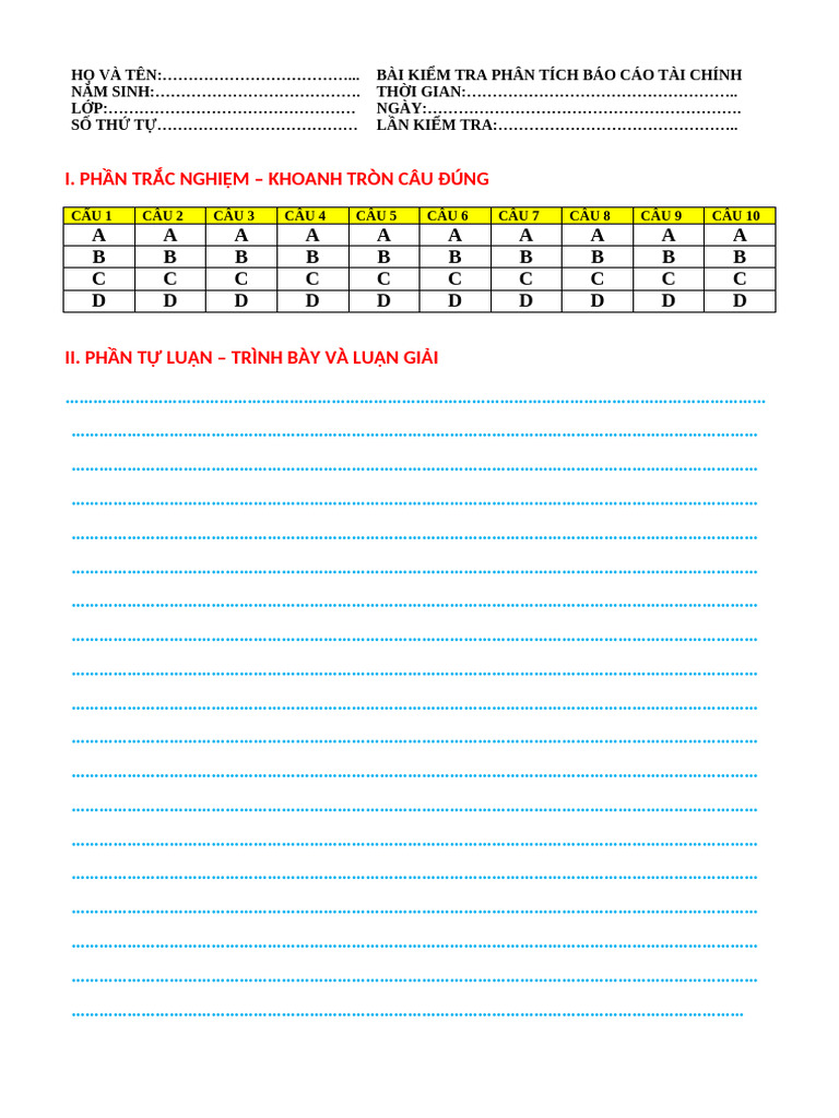 2024 - Tờ làm bài trắc nghiệm và tự luận - Phân tích BCTC | PDF