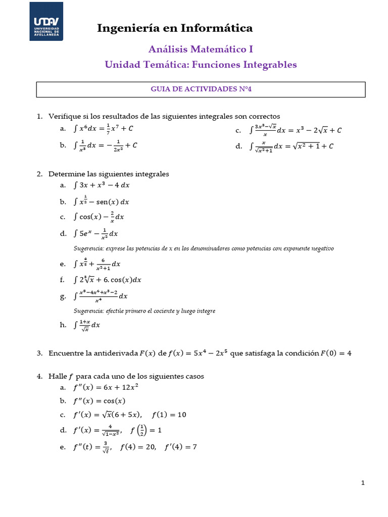 Integrales de Funciones Reales de Variable Real - Guia de Actividades | PDF | Integral | Matemáticas