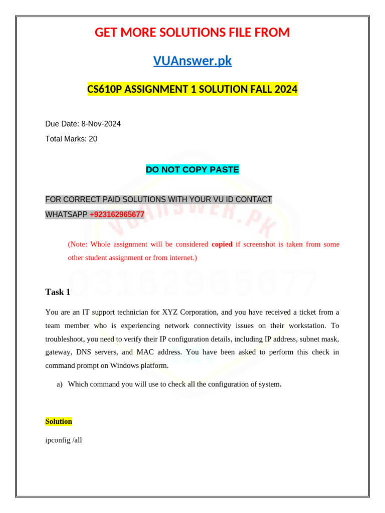 CS610P Assignment 1 Solution Fall 2024 | PDF | Computer Network | Ip Address