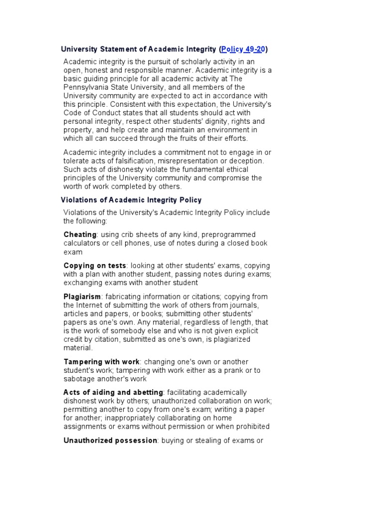 University Statement of Academic Integrity : Policy 49-20 | PDF ...