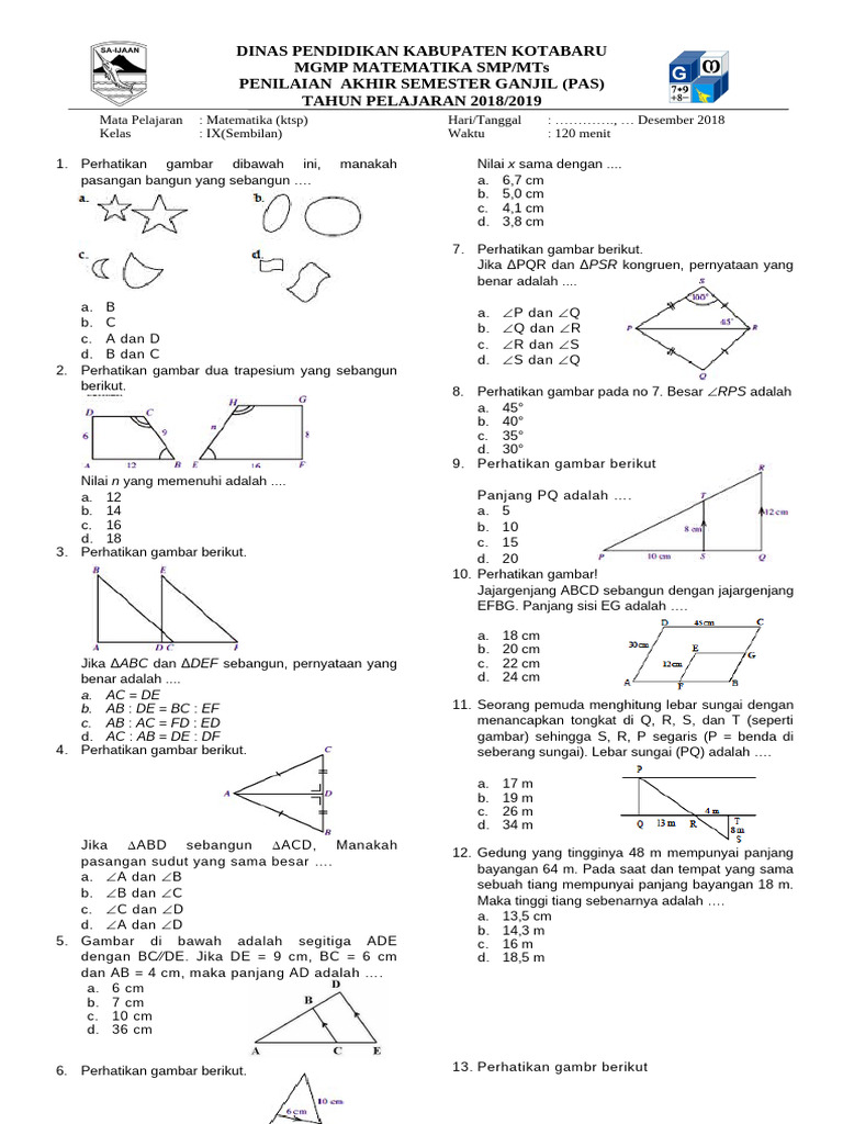 3 SOAL PAS KELAS 9 KTSP SEMESTER GANJIL MGMP | PDF
