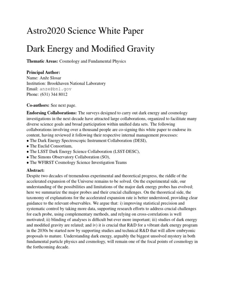 Astro2020 Science White Paper Dark Energy and Modified Gravity | PDF ...