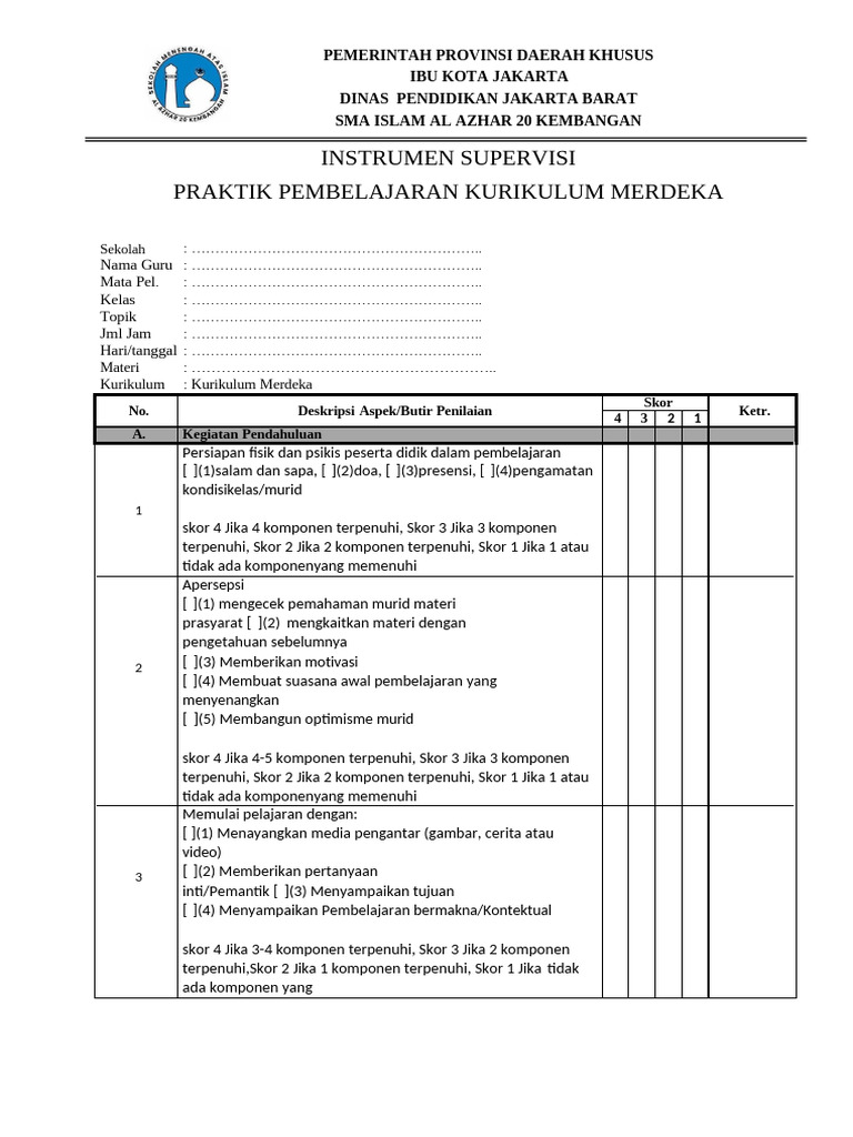 Instrumen Supervisi Praktik Pembelajaran Kurikulum Merdeka | PDF