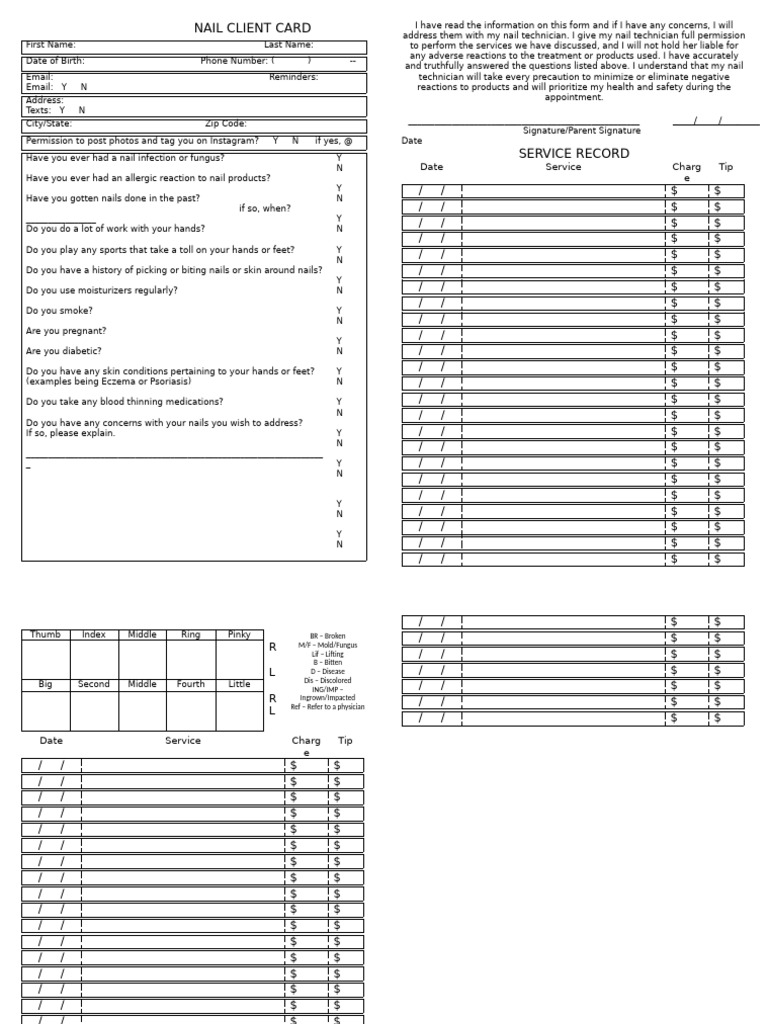 Nail Client Card | PDF | Health Sciences | Medical Specialties