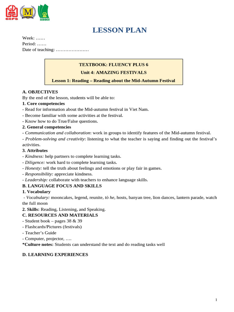 Mid-Autumn Festival Lesson Plan | PDF | Vocabulary | Linguistics