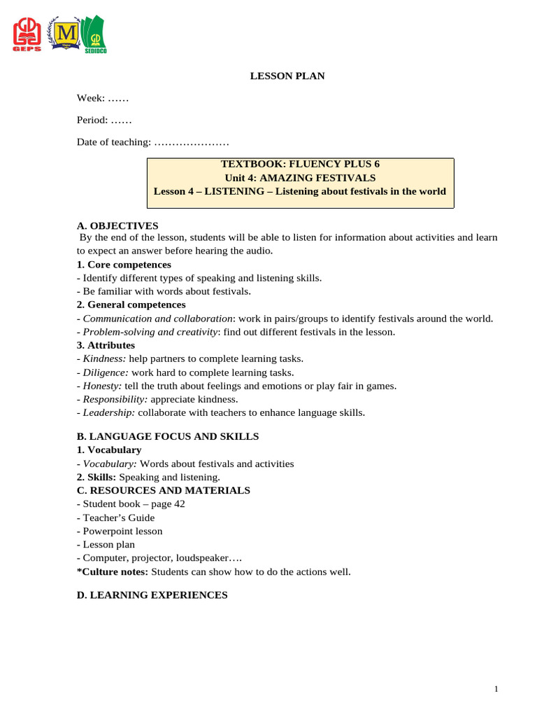 Fluency Plus 6 - Unit 4.4 - Listening | PDF | Teachers | Lesson Plan
