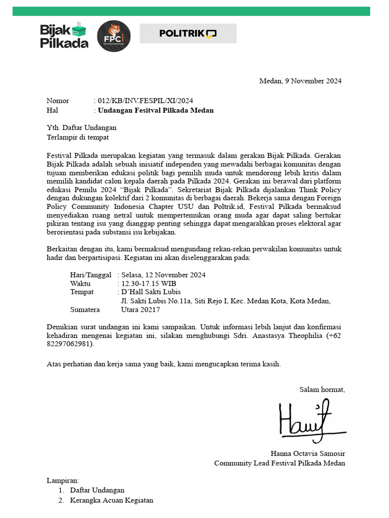 Surat Undangan Komunitas - Bijak Pilkada Medan | PDF