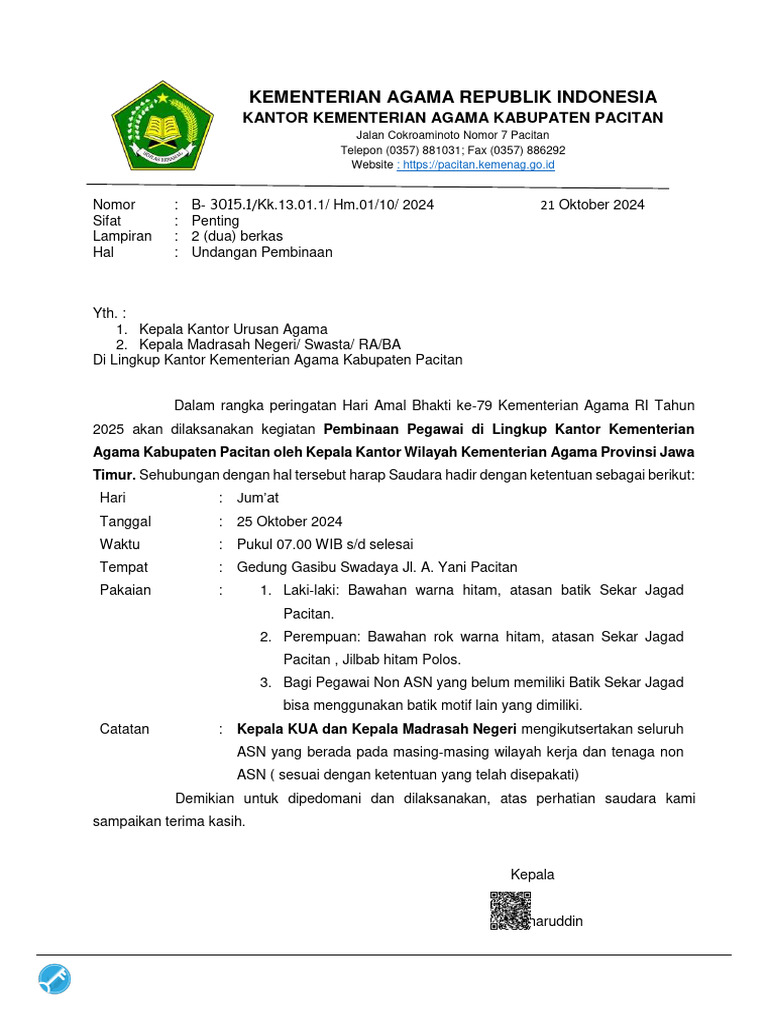 Undangan Pembinaan Pegawai Kemenag Pacitan | PDF