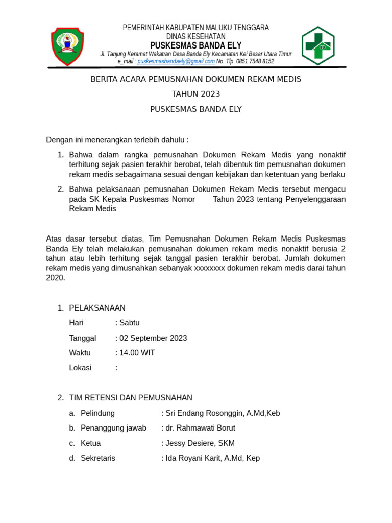Pemusnahan Rekam Medis Puskesmas Banda Ely | PDF