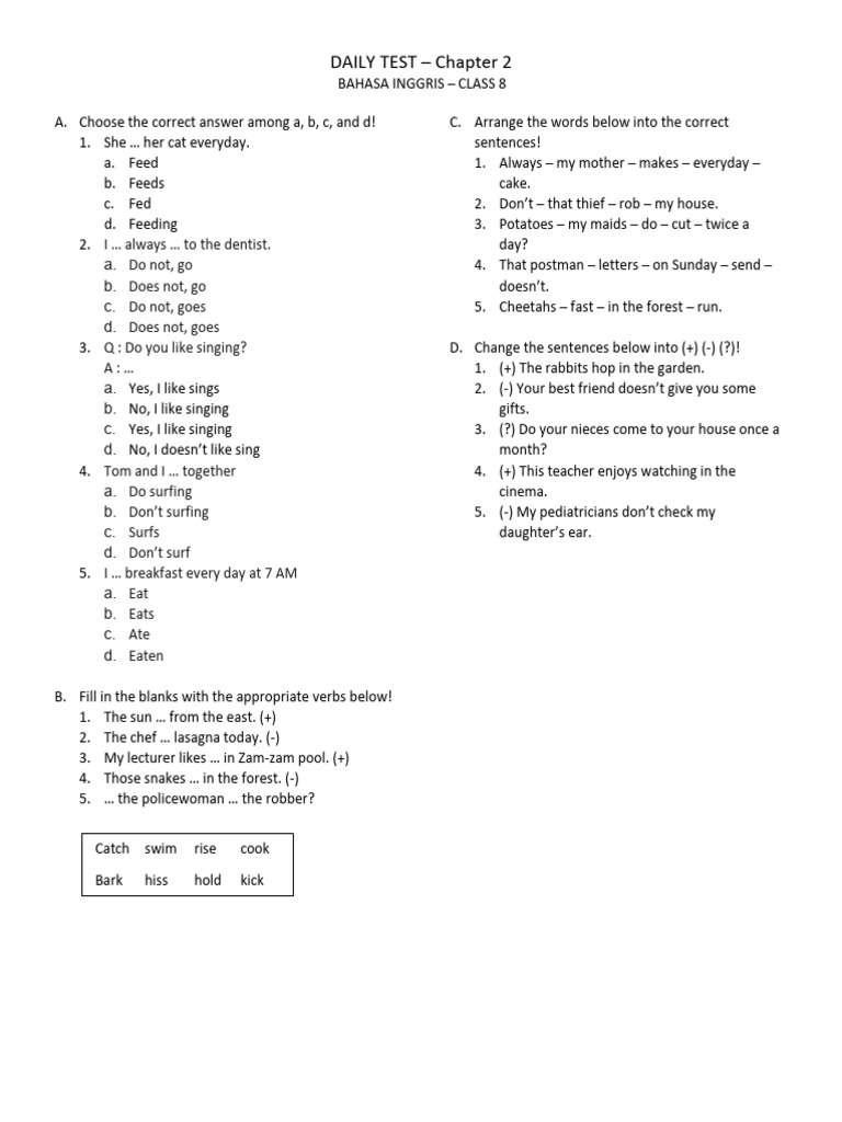 Daily English Test for Class 8 Students | PDF