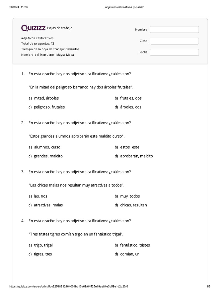 Quizizz - Adjetivos Calificativos | PDF | Adjetivo