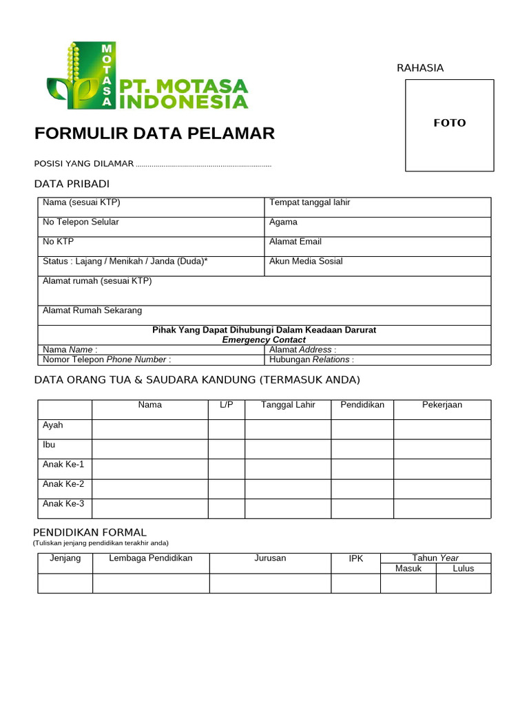 Formulir Data Pelamar Kerja Lengkap | PDF