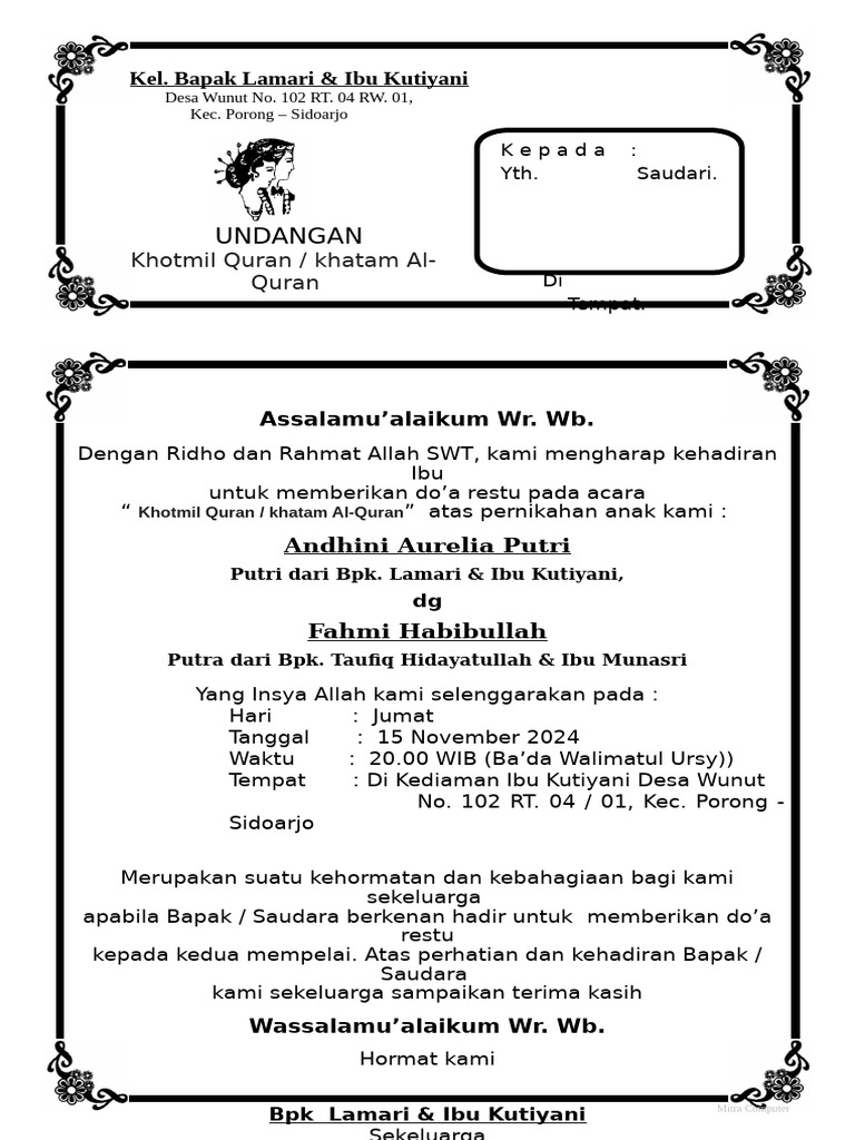 Undangan Khotmil Quran Pernikahan | PDF