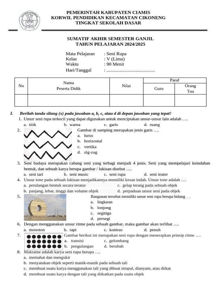 Soal Sas Seni Rupa Kelas 5 2024-2025 | PDF