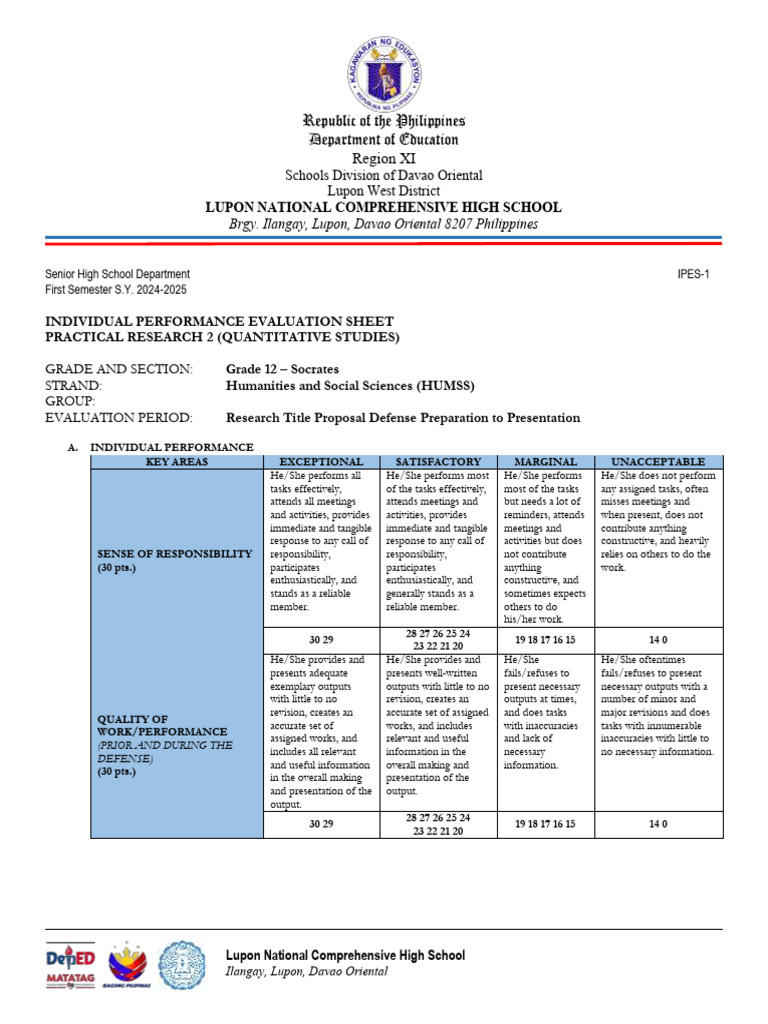 Individual Performance Evaluation Sheet 1 | PDF | Knowledge | Cognitive ...