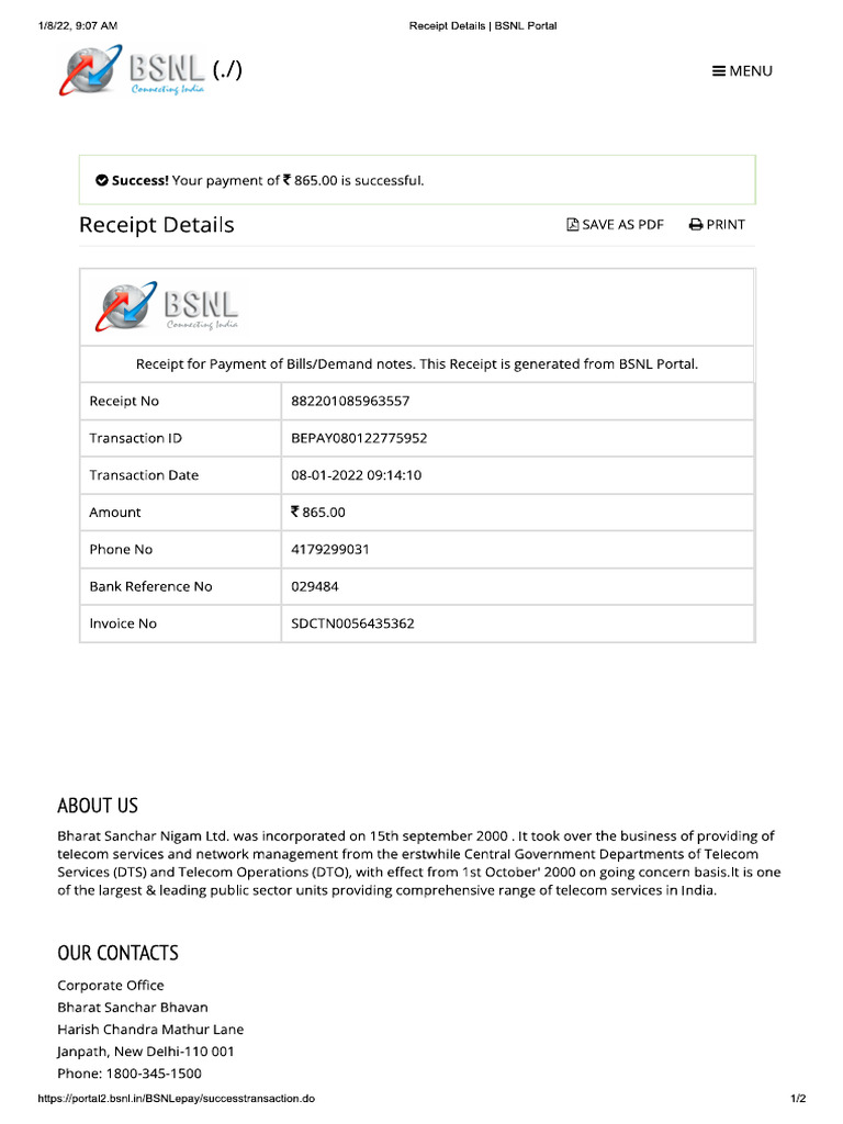 JAN Receipt Details - BSNL Portal June | PDF