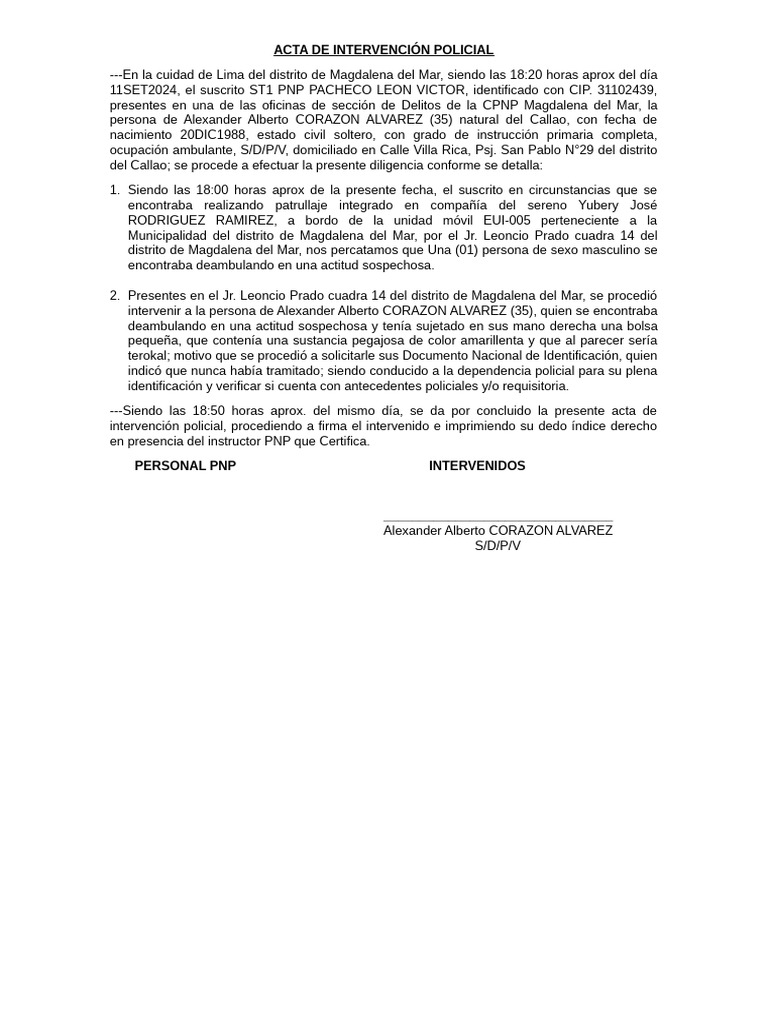 Acta de Intervención Policial Convenio PNP 01 Julio | PDF | Perú