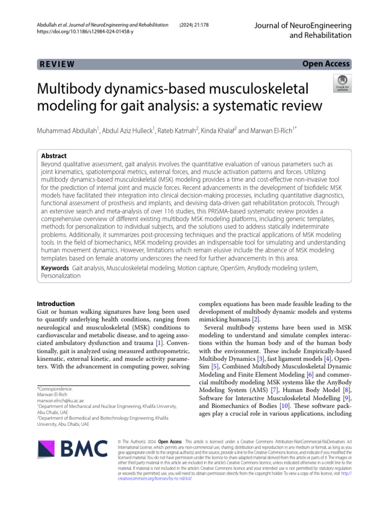 Multibody Dynamics-Based Musculoskeletal Modeling For Gait Analysis ...