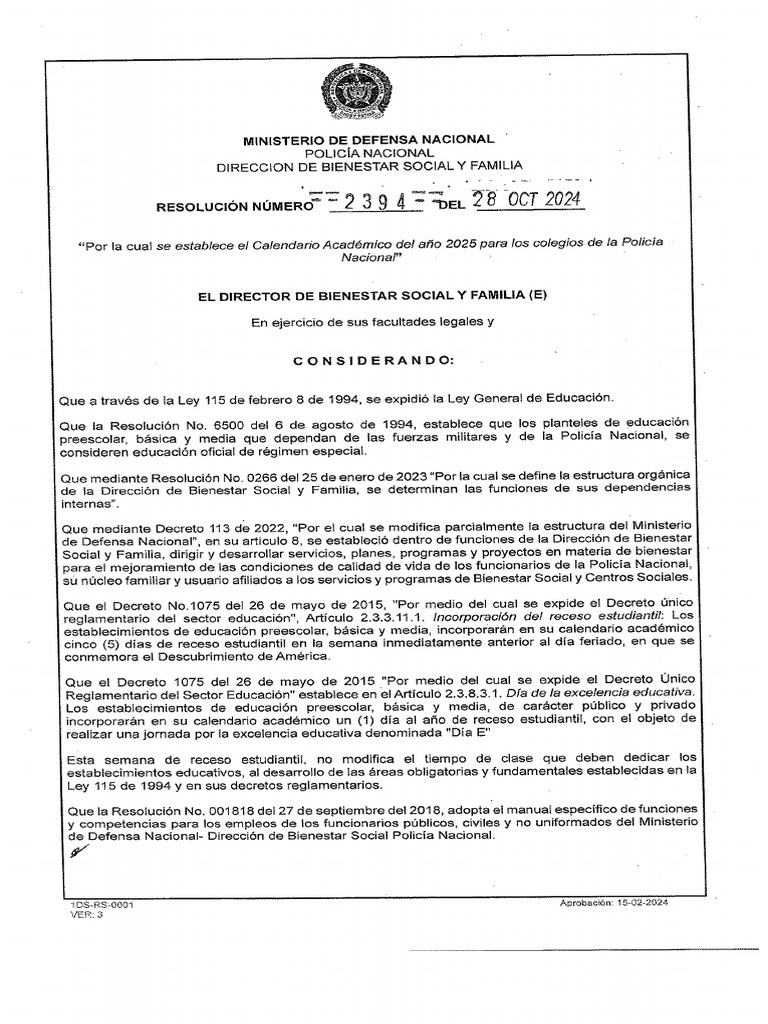 Resolucion 2394 Del 281024 Calendario Academico 2025 | PDF