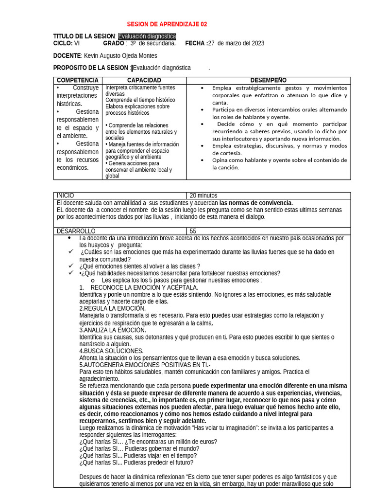 Sesion de Aprendizaje Socioemocional | PDF | Las emociones | Evaluación