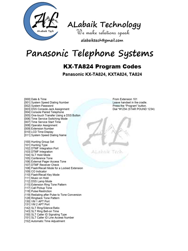 Panasonic-KXTA824 Program Codes | PDF | Telephone Exchange | Telephony