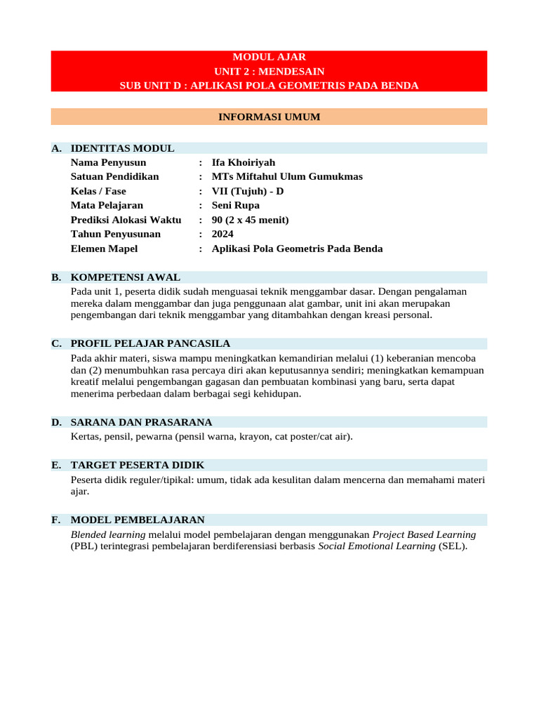 Modul Ajar Kelas 7 SMP Seni Rupa - Unit 2 - D | PDF