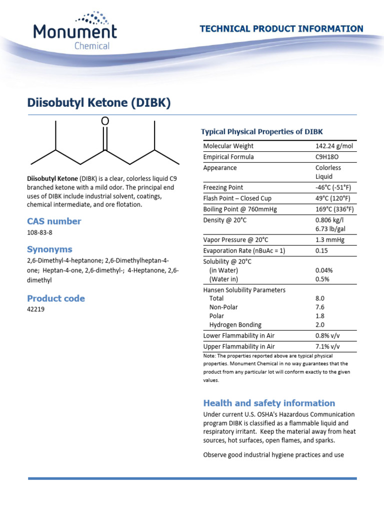 Diisobutyl Ketone (DIBK) Overview | PDF | Water | Solvent