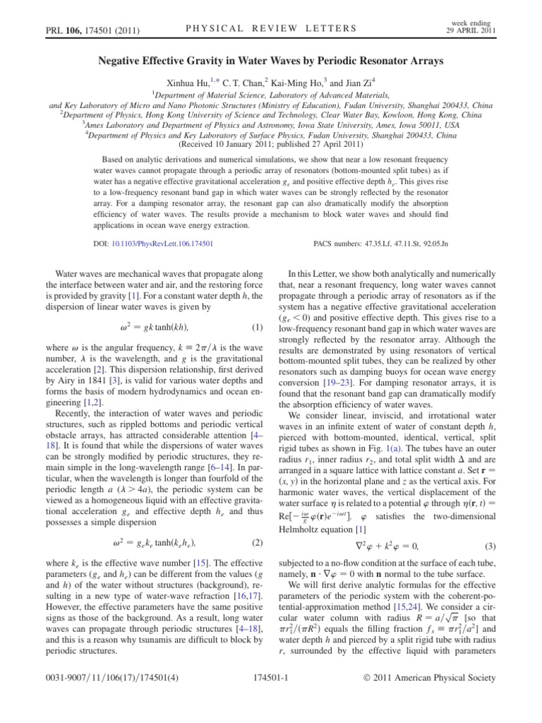 Negative Effective Gravity in Water Waves by Periodic Resonator Arrays ...