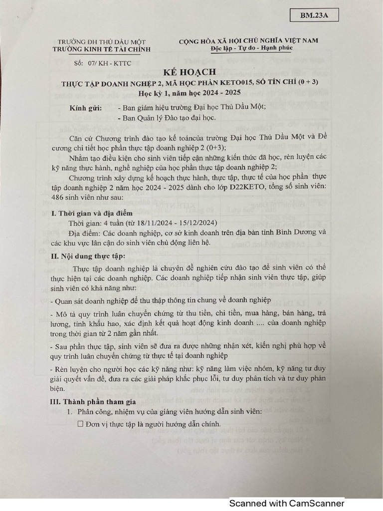 1. Bm Ke Toan - kh Thực Tập Doanh Nghiệp 2 - hk 1 (2024-2025) | PDF